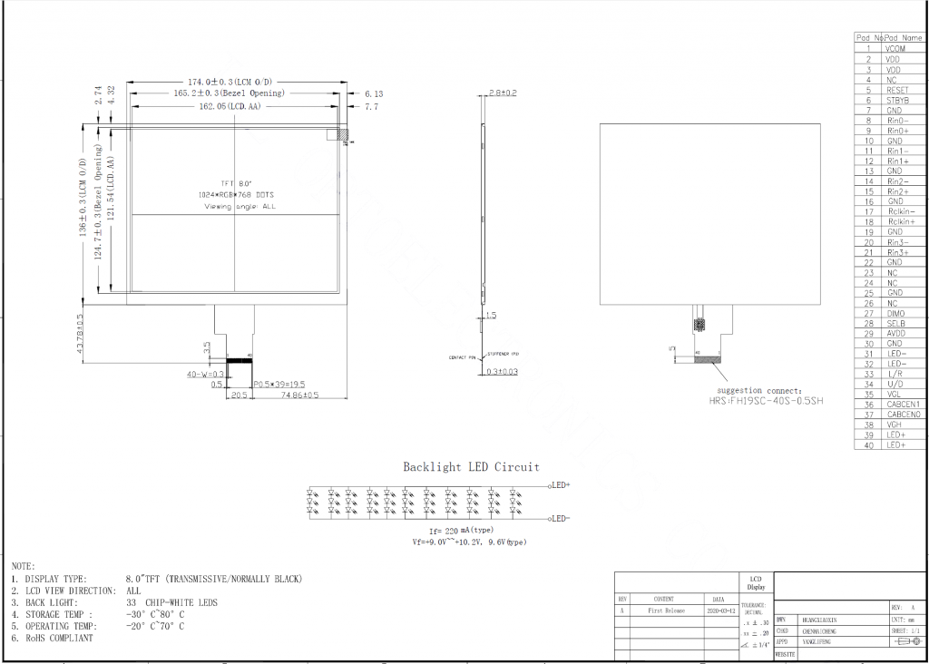 8.0 inch 1024x768 IPS TFT LCD Display