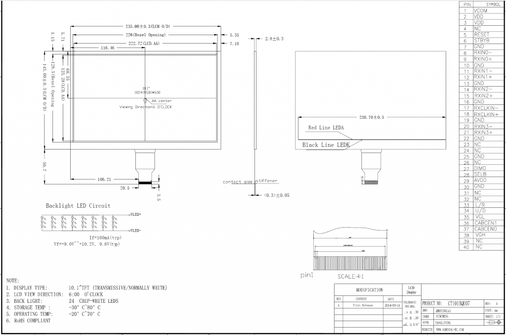 10.1 inch 1024x600 TFT LCD Display